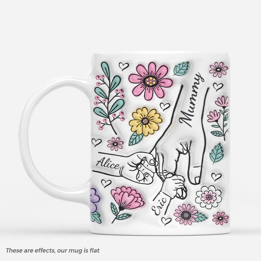 Mummy and Kids Holding Hands - Personalised FLowers Mug