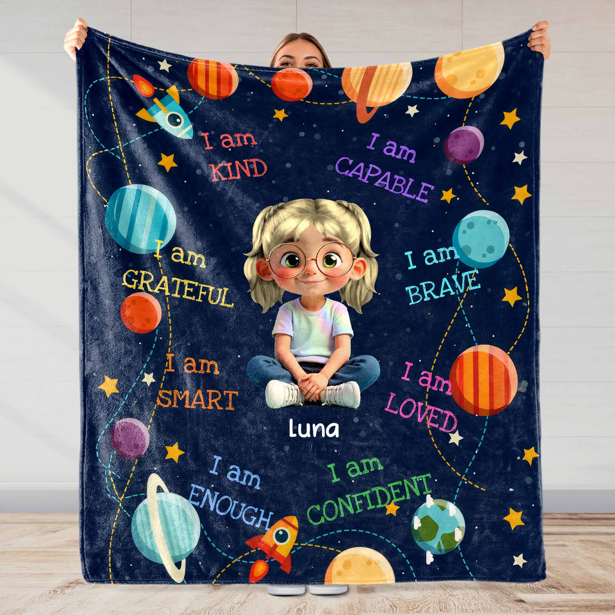 I Am Kind, Capable, Loved - Empowering Girl’s Blanket wit...